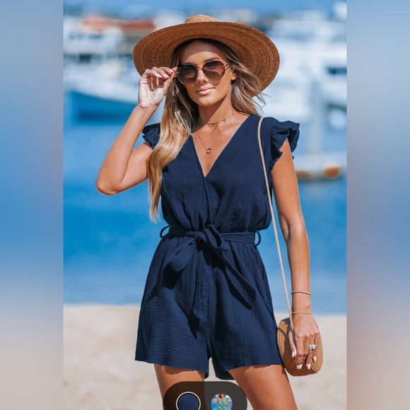 Cupshe | Pants & Jumpsuits | Nwt Cupshe Navy Flutter Sleeve Romper ...